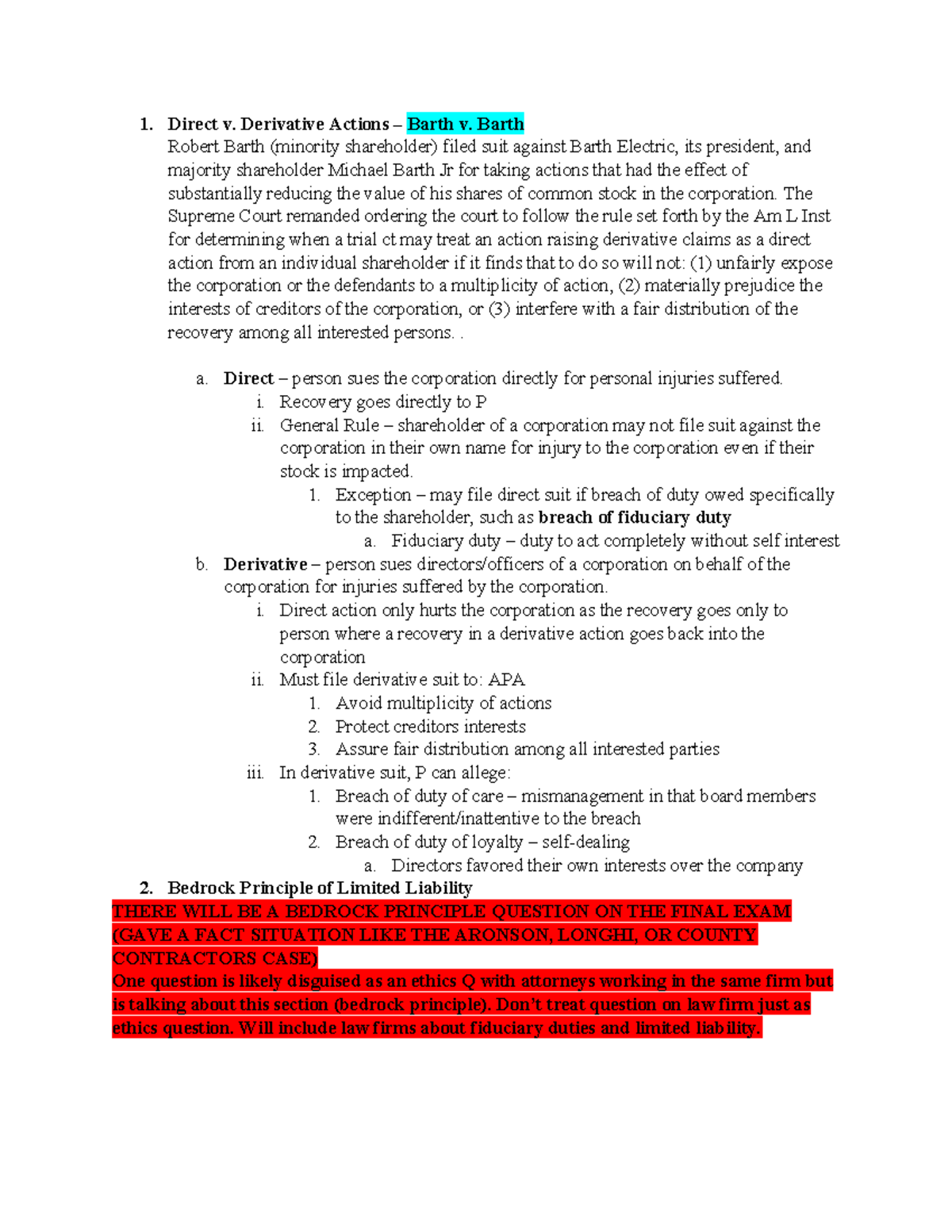 Direct vs. Derivative Actions: Key Legal Principles for Course Code ...