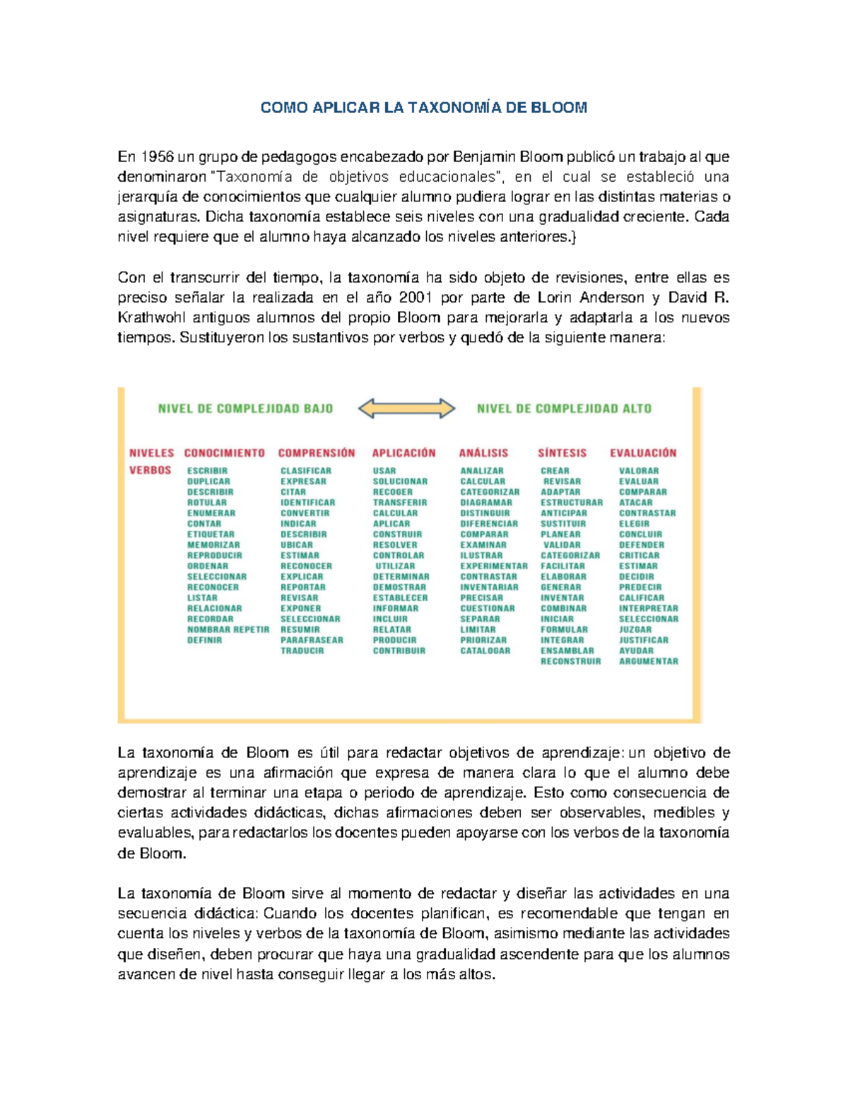 COMO APLICAR LA TAXONOMÍA DE BLOOM: Guía Práctica para Docentes - Studocu