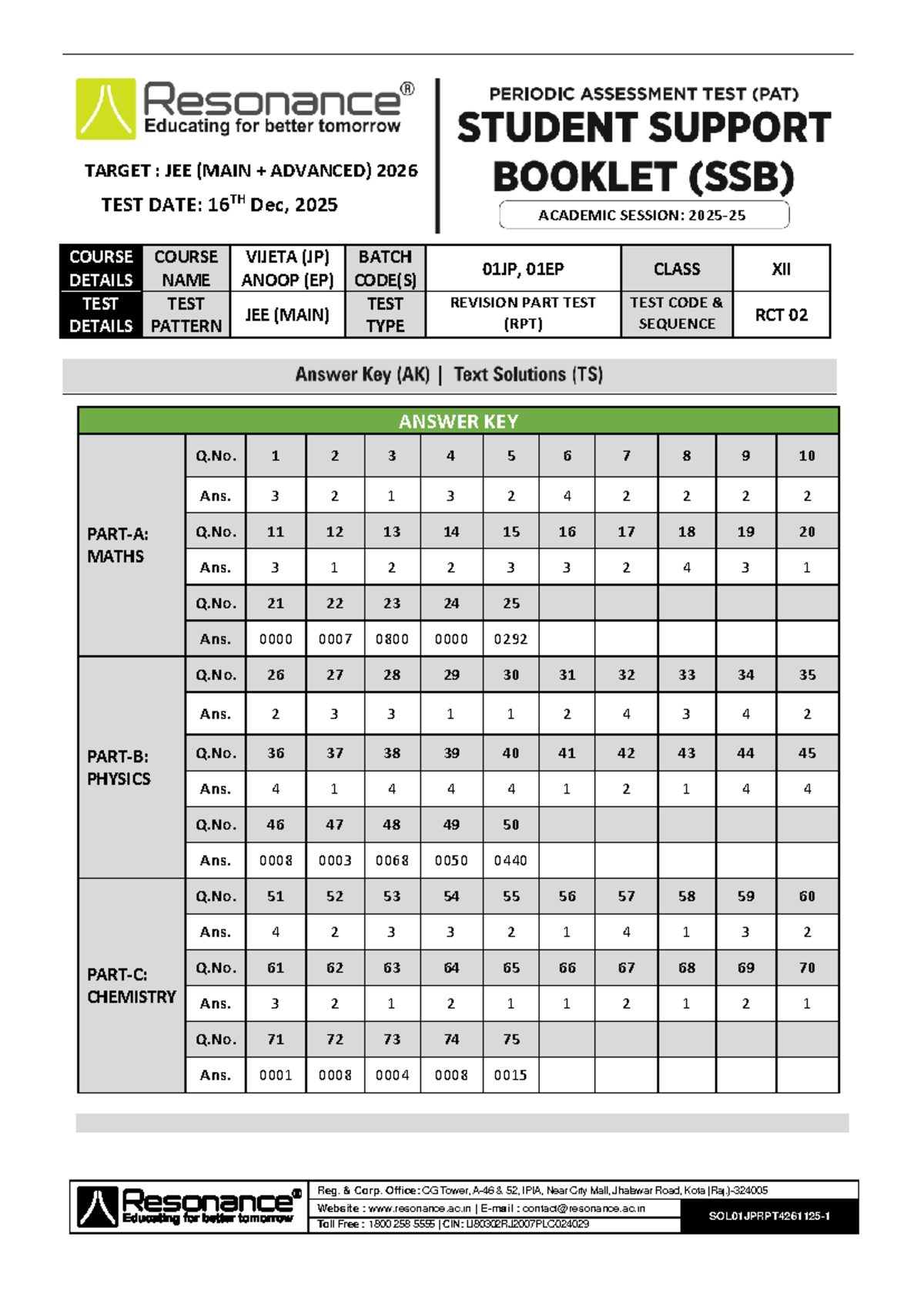 JEE (MAIN) 2026 RPT Answer Key & Solutions - 16 Dec 2025 - Studocu