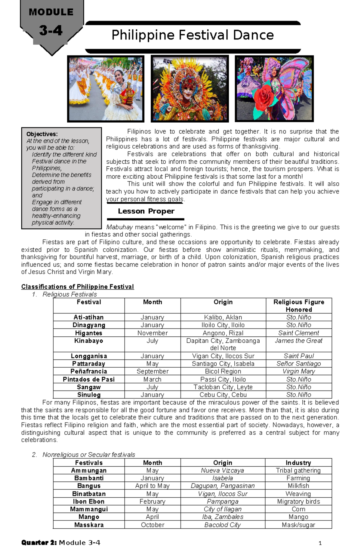 Grade 12 Dance Module 3: Exploring Philippine Festivals and Dances ...