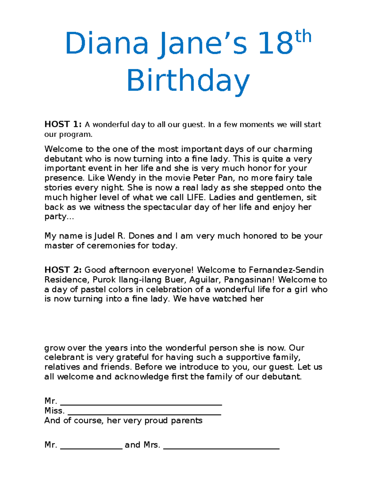 18th-Birthday-Script - Diana Jane’s 18 th Birthday HOST 1: A wonderful ...