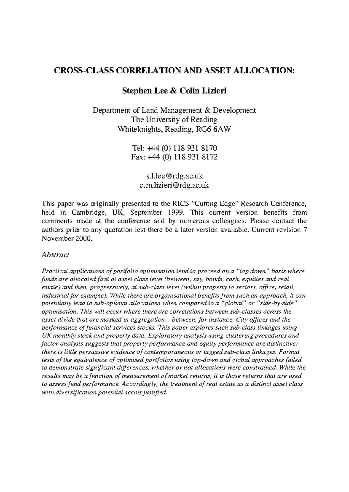 Correlation and Asset Allocation: Insights from UK Markets - Studeersnel