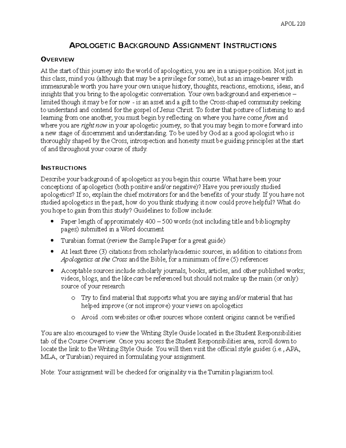 APOL 220 Apologetic Background Assignment Guidelines & Instructions ...