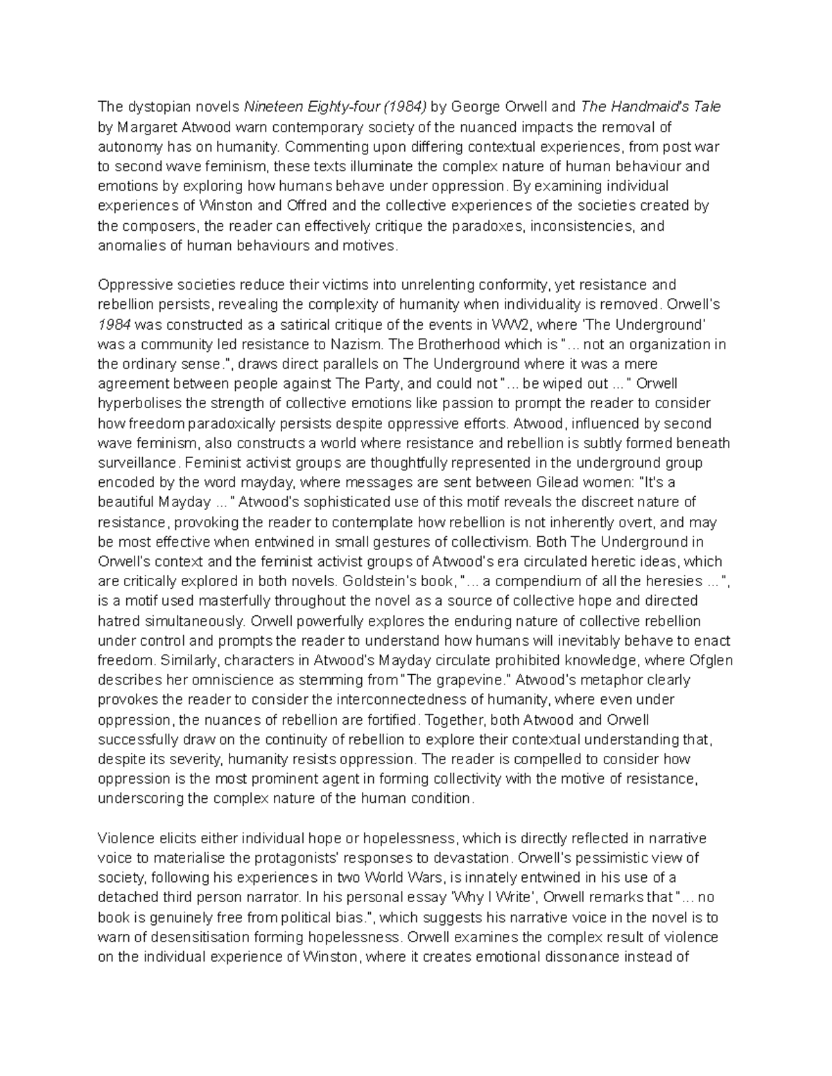Common Module 20/20 Essay: Dystopian Themes in 1984 & The Handmaid's ...