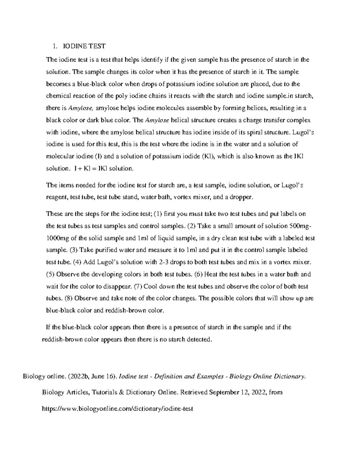 Iodine starch test and sodium chloride - 1. IODINE TEST The iodine test ...