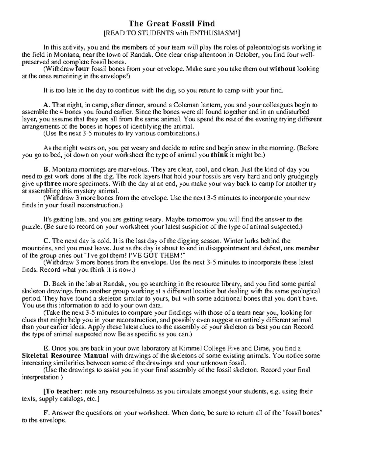 The Great Fossil Find Teacher Directions - The Great Fossil Find [READ ...