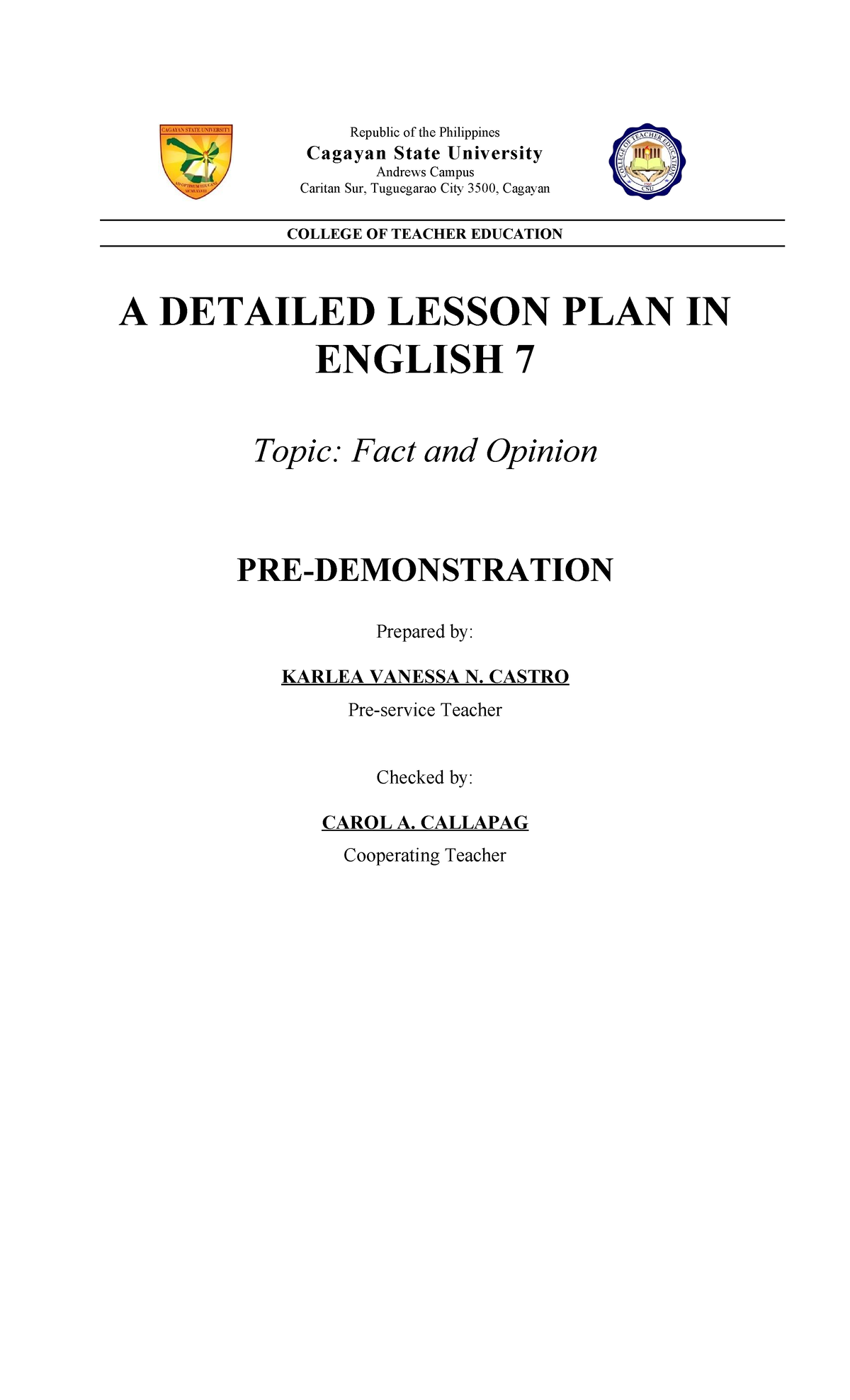 Fact and opinion - Republic of the Philippines Cagayan State University ...