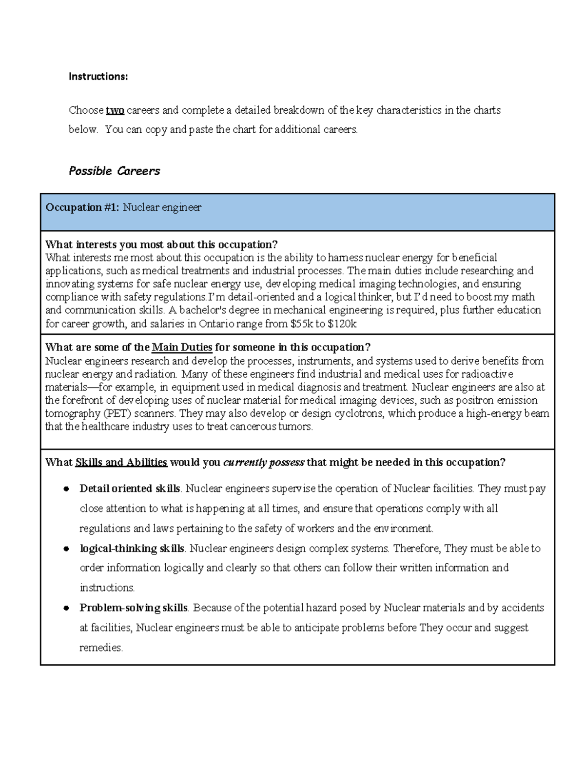 Possible Careers Breakdown: Nuclear Engineer Analysis - Studocu