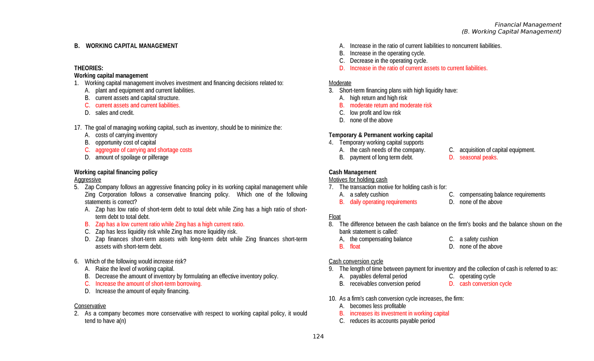 Financial Management (B. Working Capital Management) Study Guide - Studocu