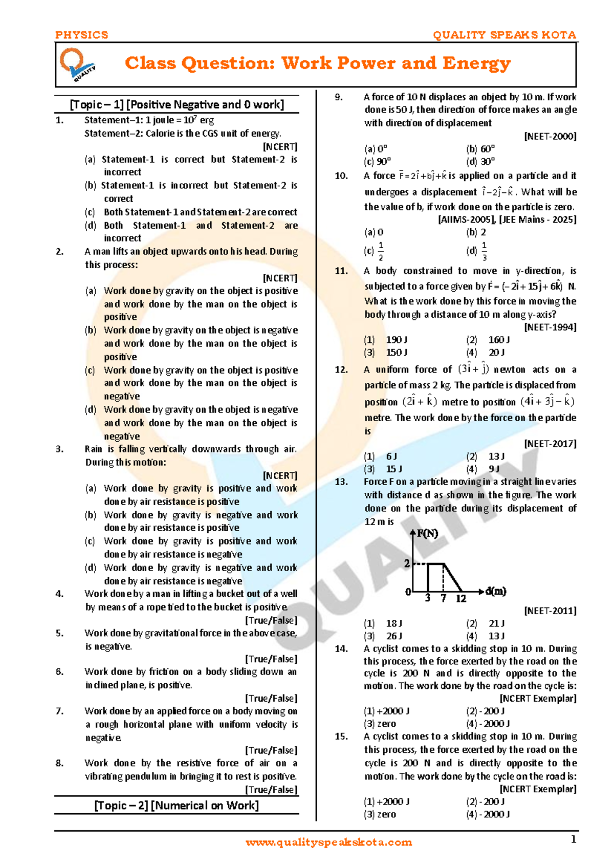 PHYSICS QUALITY SPEAKS KOTA Class DPP: Work, Power, and Energy Concepts ...
