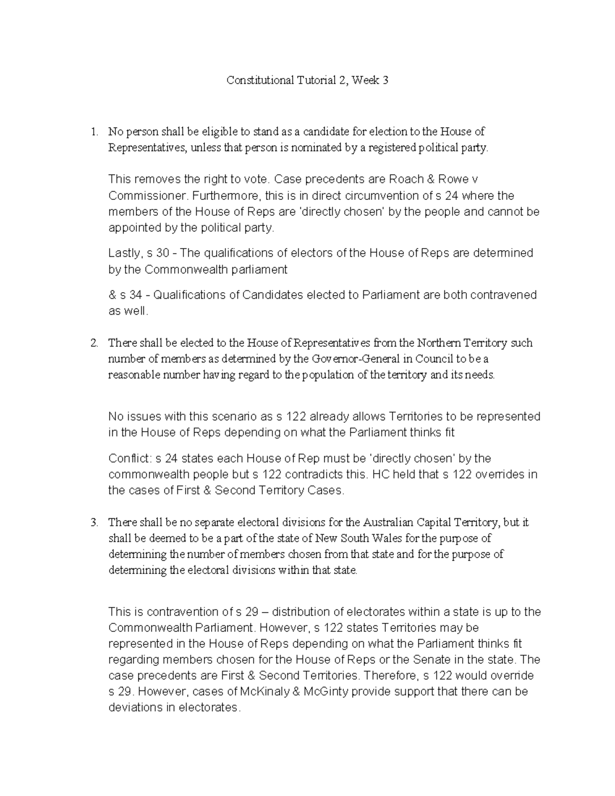 Constitutional Law Tutorial 2: Week 3 Analysis of Electoral Provisions ...