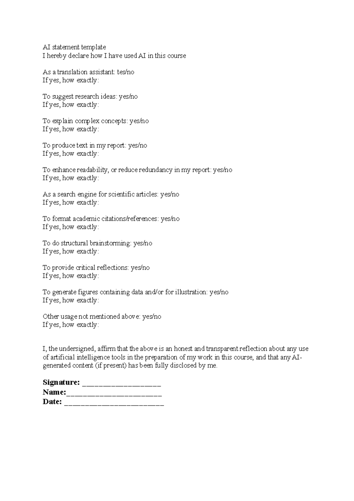 AI Statement Template - Course Reflection on AI Usage - Studeersnel