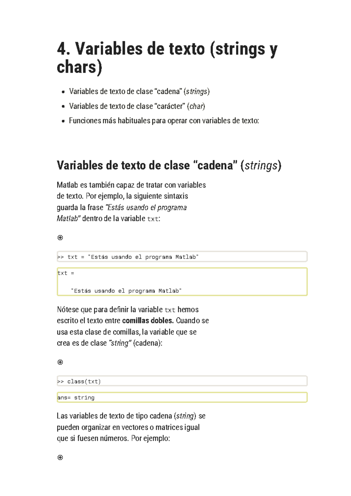 Tema 3.4 - Variables de Texto en Matlab (Strings y Chars) - Studocu