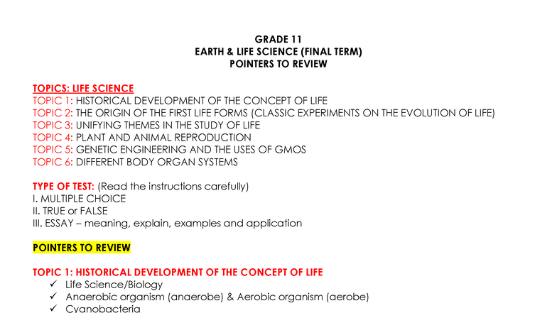EALS - Final Term Review Pointers for Grade 11 Life Science - Studocu