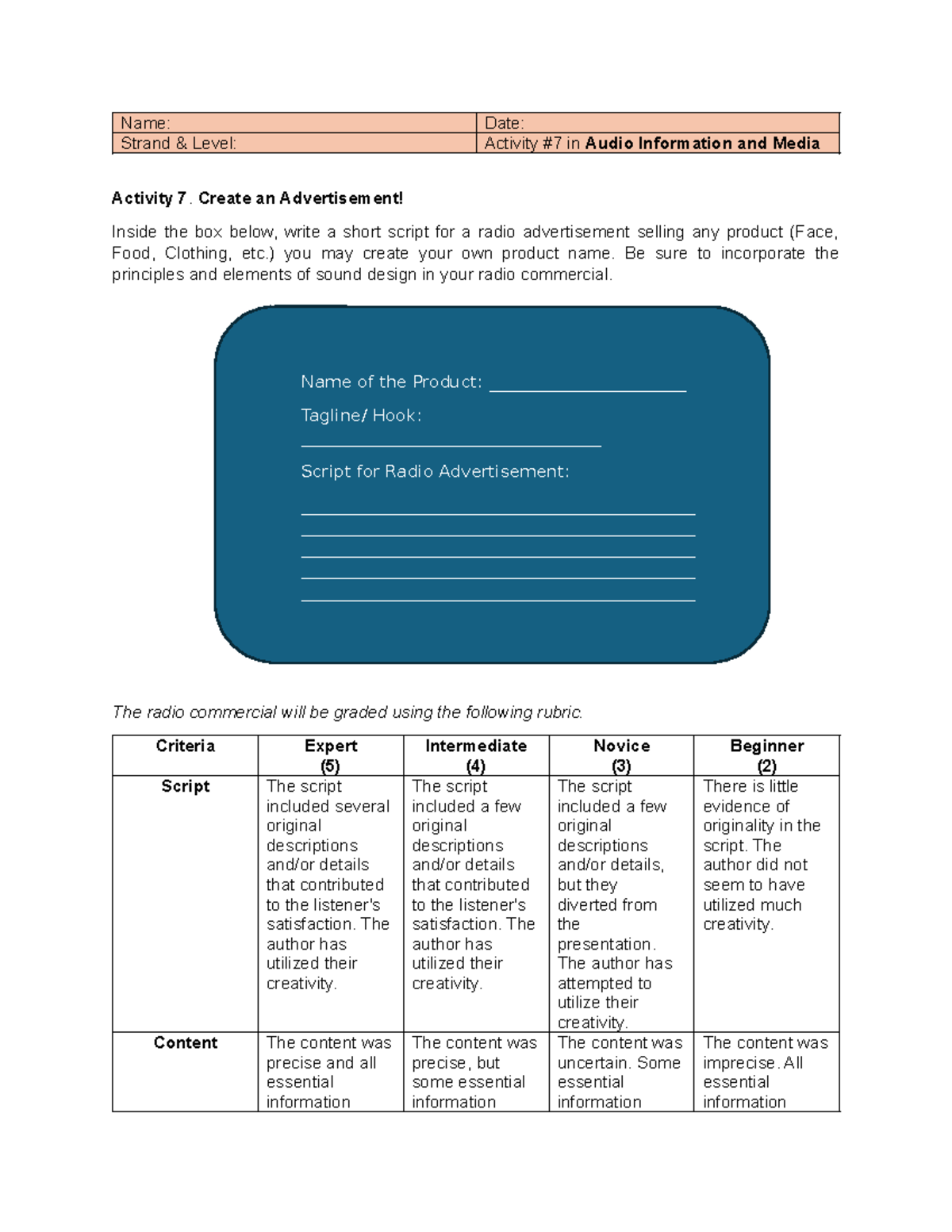 Activity 7 MIL - khvguxkfm - Name: Date: Strand & Level: Activity #7 in Audio Information and ...