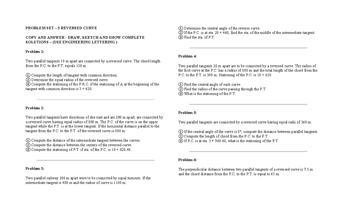 Problem Set 3: Reversed Curve Solutions and Sketches - Studocu