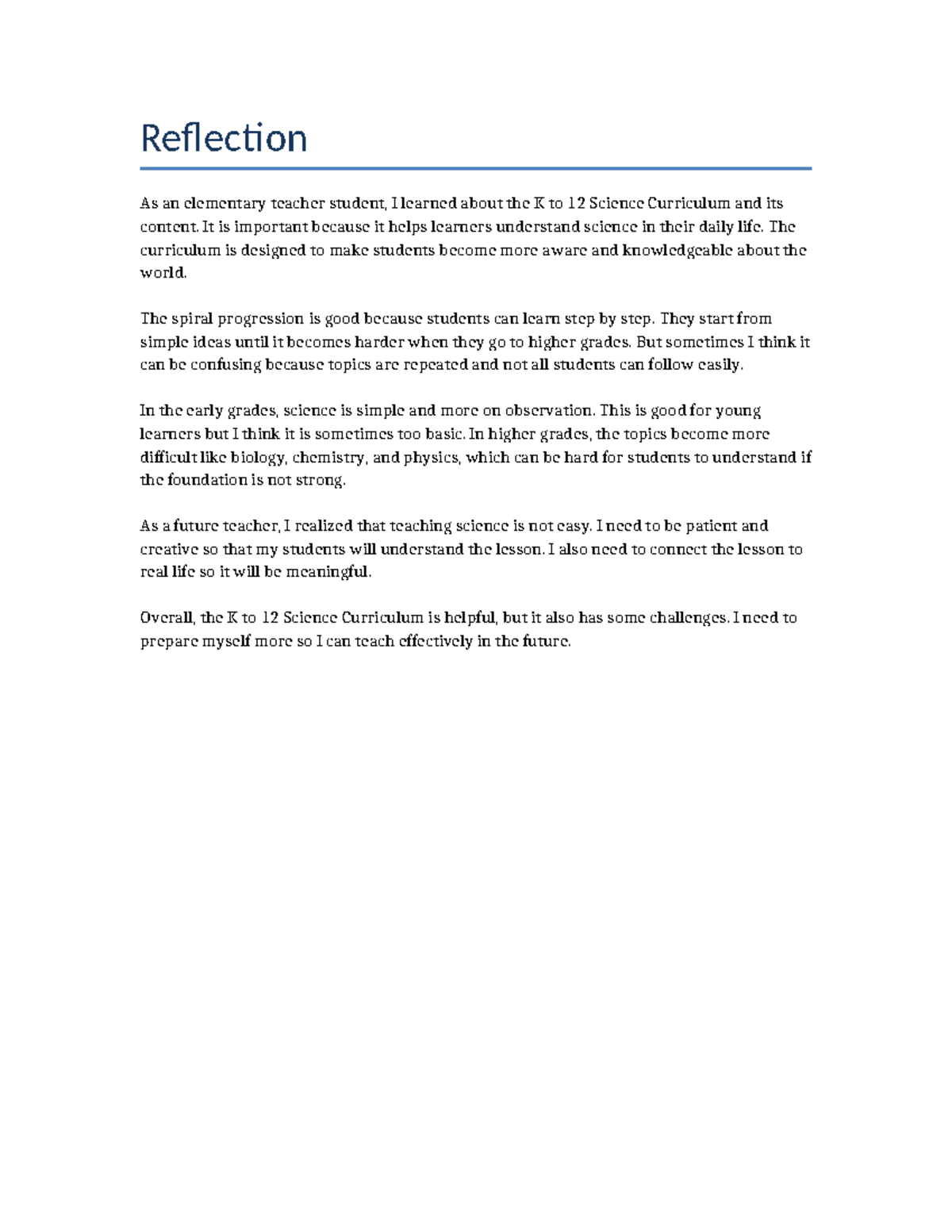 K to 12 Science Curriculum Reflection: Insights for Future Teaching ...