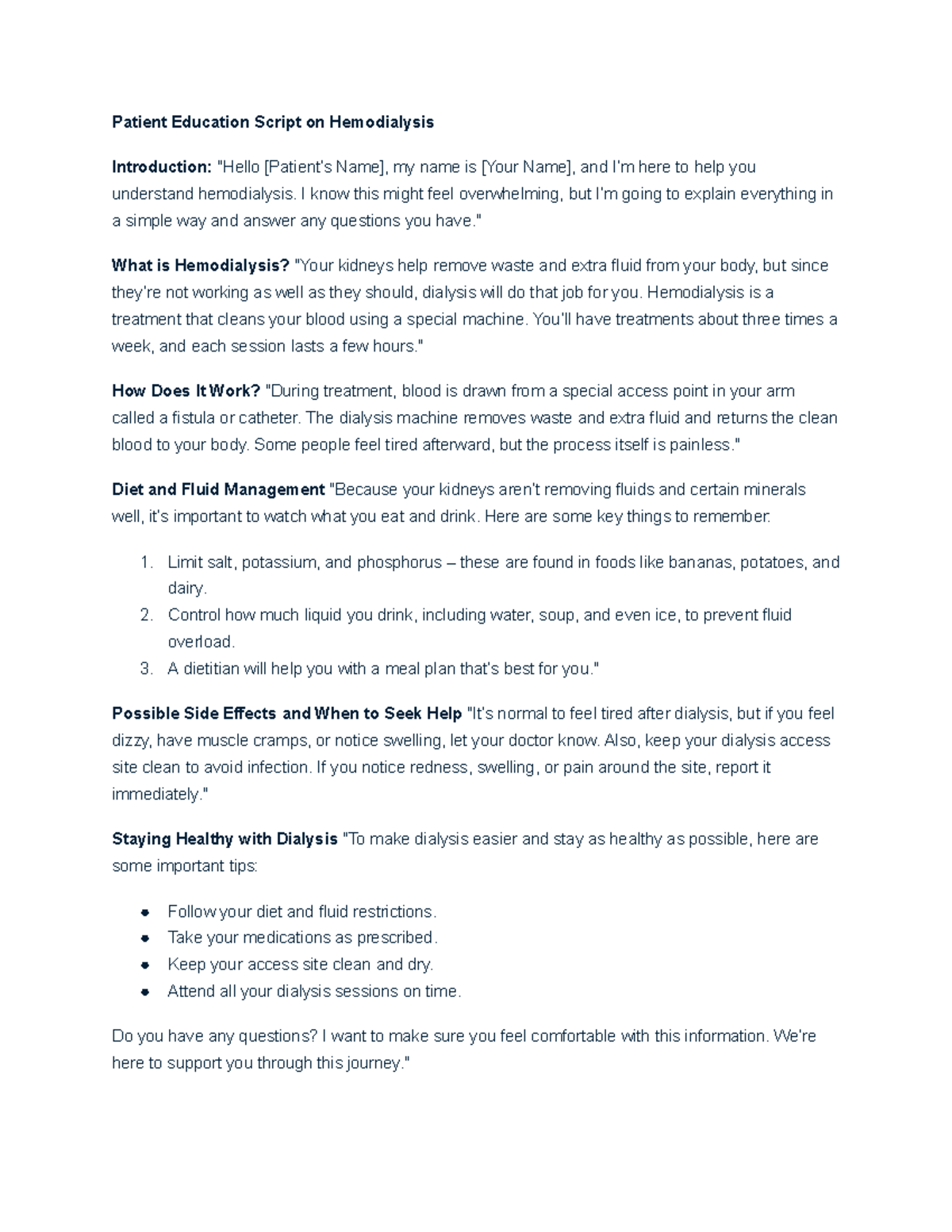 NUR 215 Patient Education Script: Understanding Hemodialysis - Studocu
