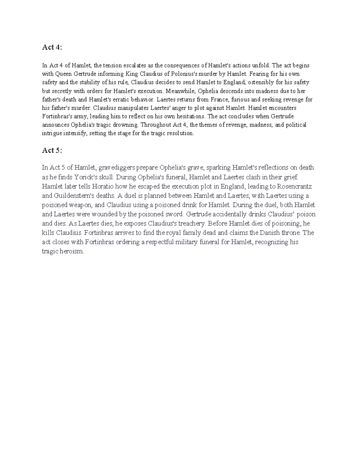Hamlet Act 4 & 5 Summaries: Key Themes & Character Arcs - Studocu
