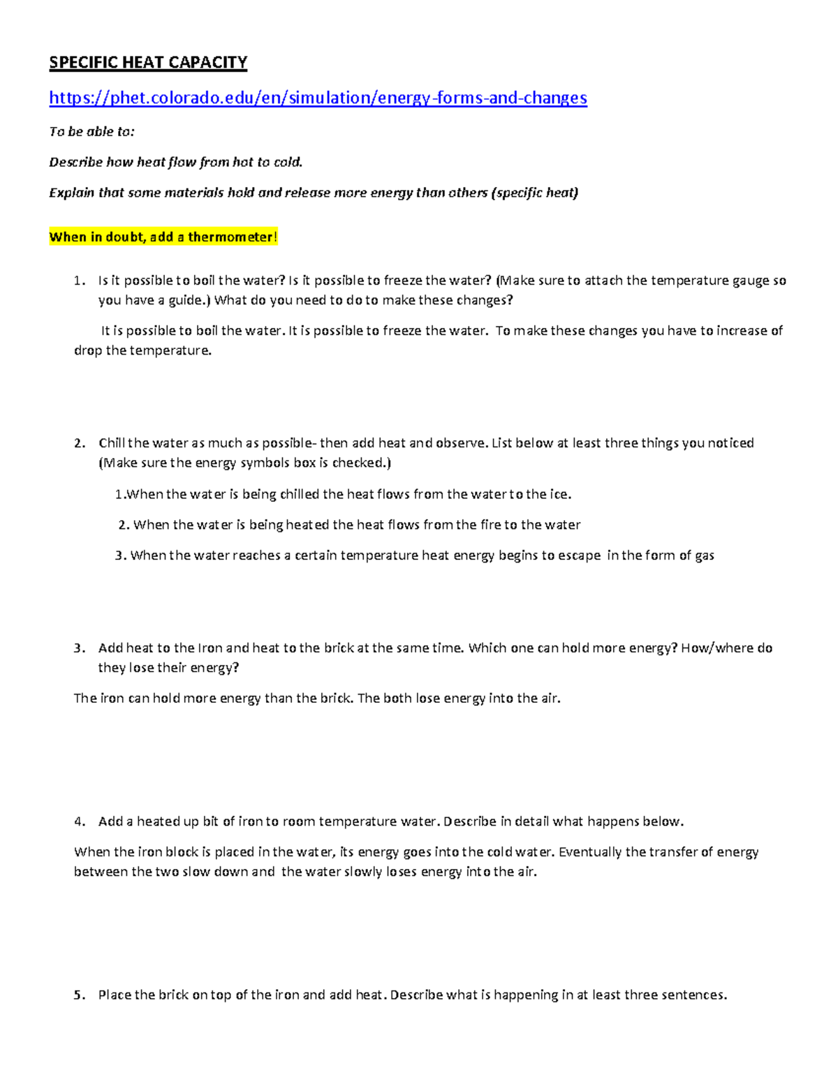 Specific HEAT Capacity - phet - SPECIFIC HEAT CAPACITY - Studocu