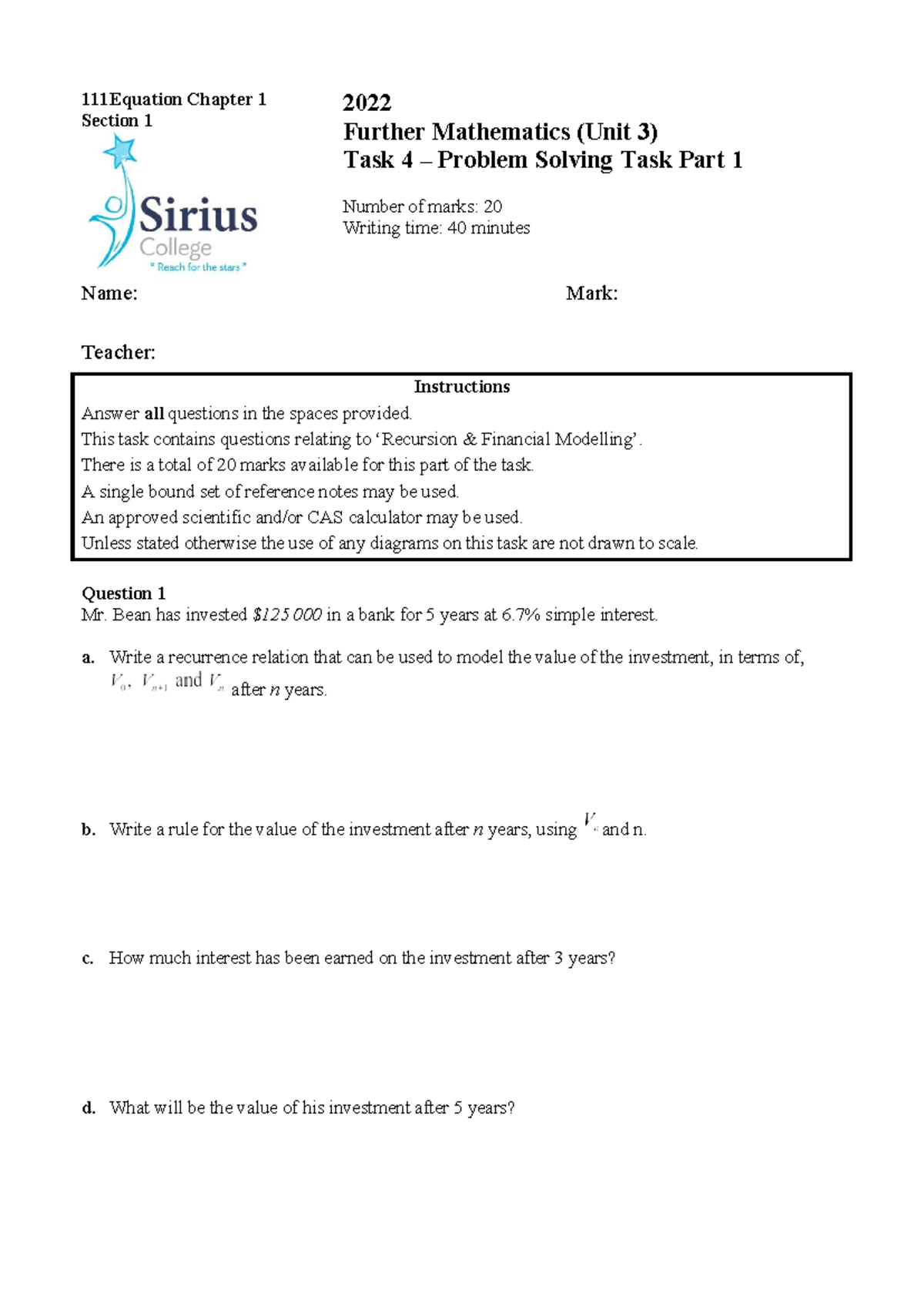 2022 FM Further Mathematics Problem Solving Task Part 1 - Studocu