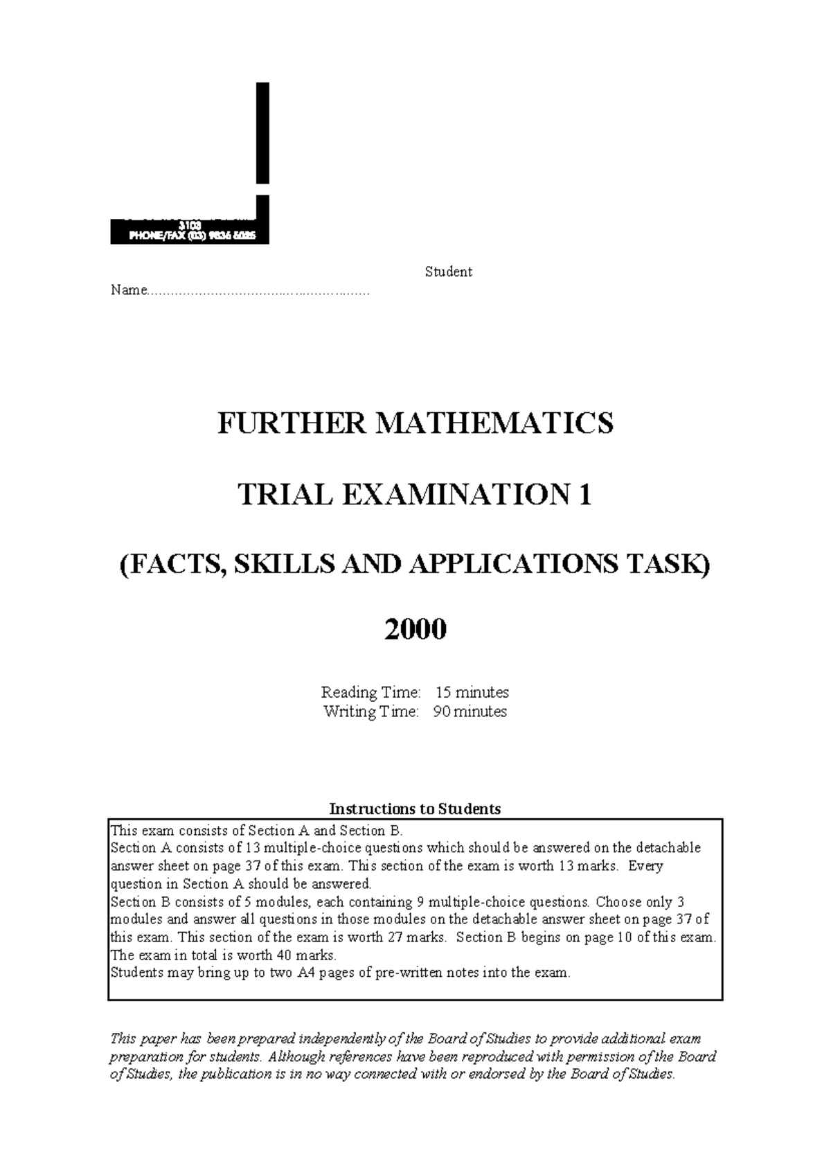 Further Mathematics Trial Exam 1 (FURTHER MATHS) - Practice Paper - Studocu