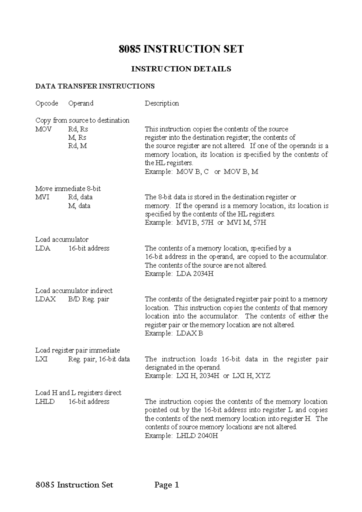 8085 INSTRUCTION SET: DATA TRANSFER, ARITHMETIC & LOGICAL INSTRUCTIONS ...