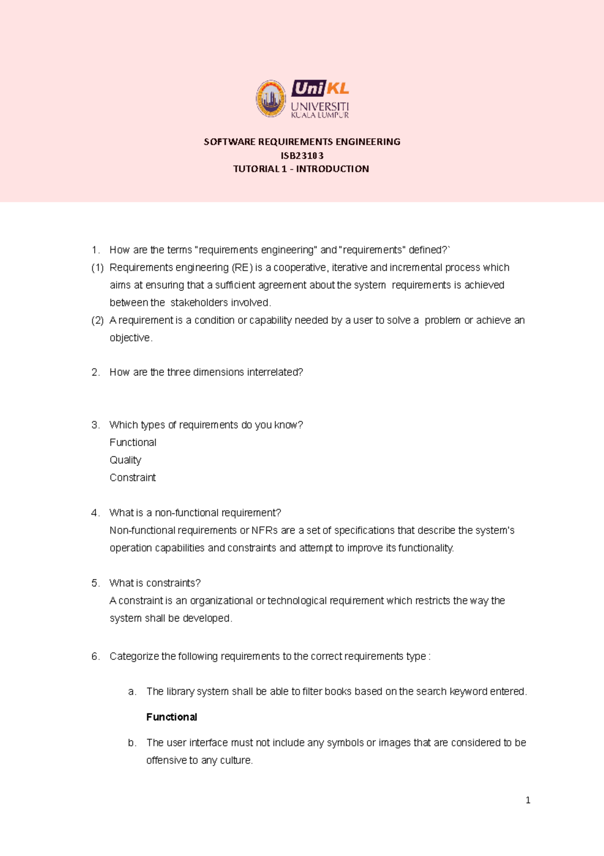 Tutorial 1 - Intro - Q - SOFTWARE REQUIREMENTS ENGINEERING ISB TUTORIAL ...