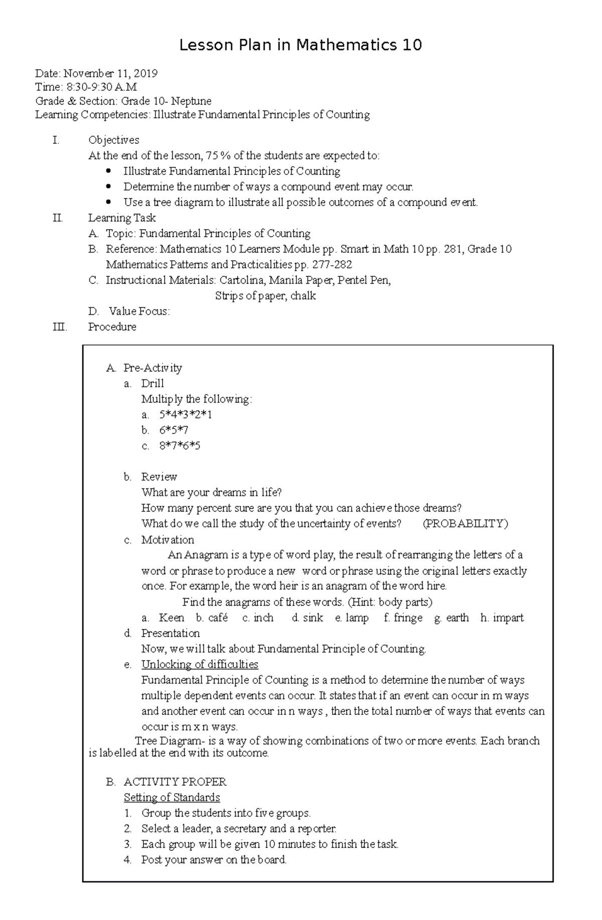 Lesson Plan in Mathematics 10....Fundamental Counting Principle ...