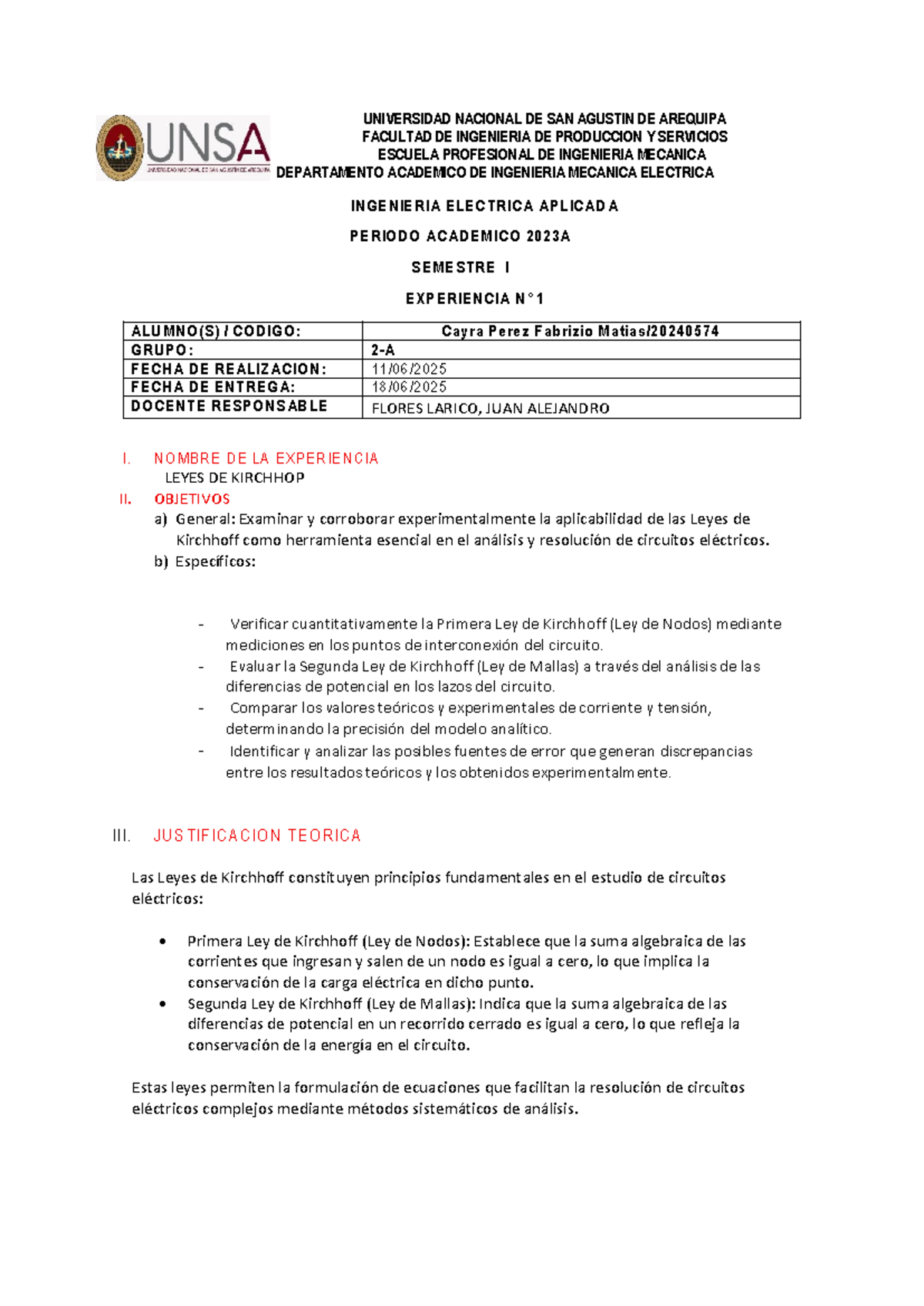Experiencia 1: Leyes de Kirchhoff en Circuitos Eléctricos - 2023A - Studocu