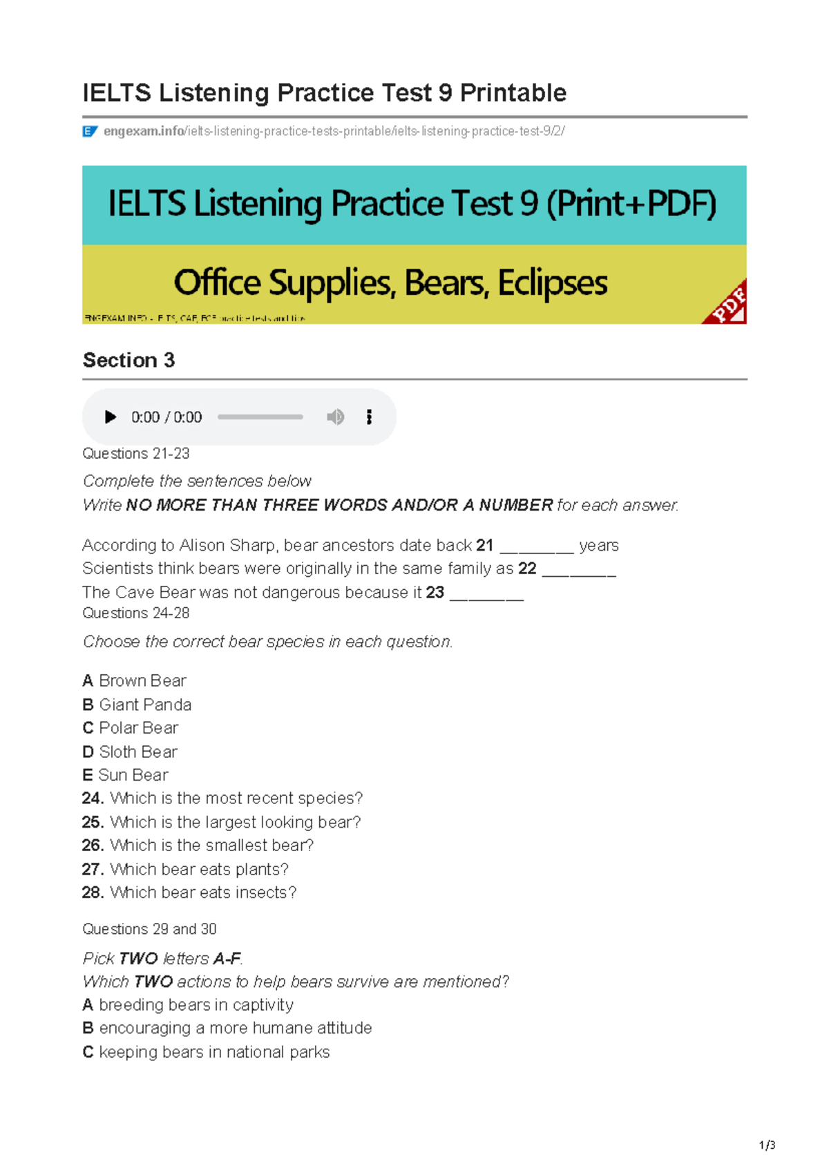 Engexam.info- Ielts Listening Practice Test 9 Printable - 1/ IELTS ...