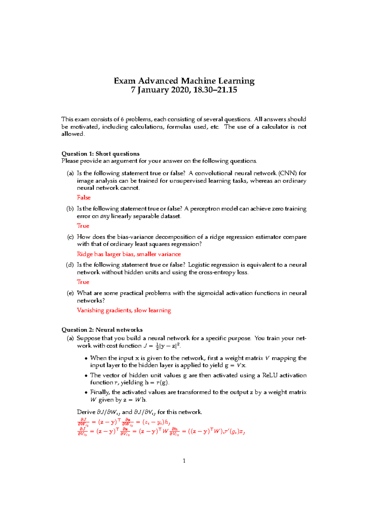 Advanced Machine Learning Exam Solutions - Resit 2019 (AML 101) - Studeersnel