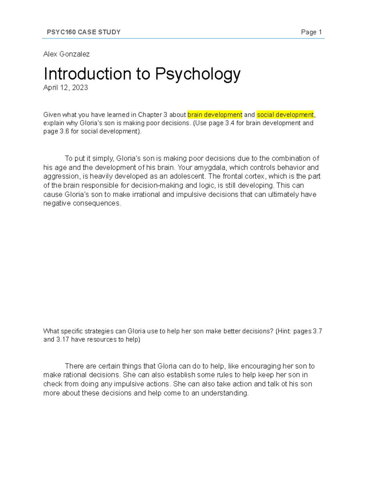 PSY 101 Case Study Assignment on Adolescent Decision-Making & Mindset ...