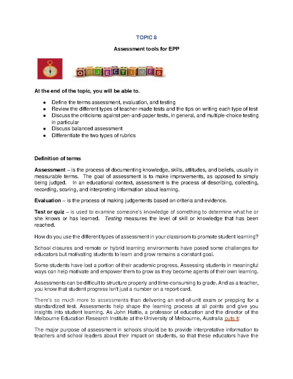 Topic 8 - Assessment Tools for EPP: Understanding Evaluation Methods ...