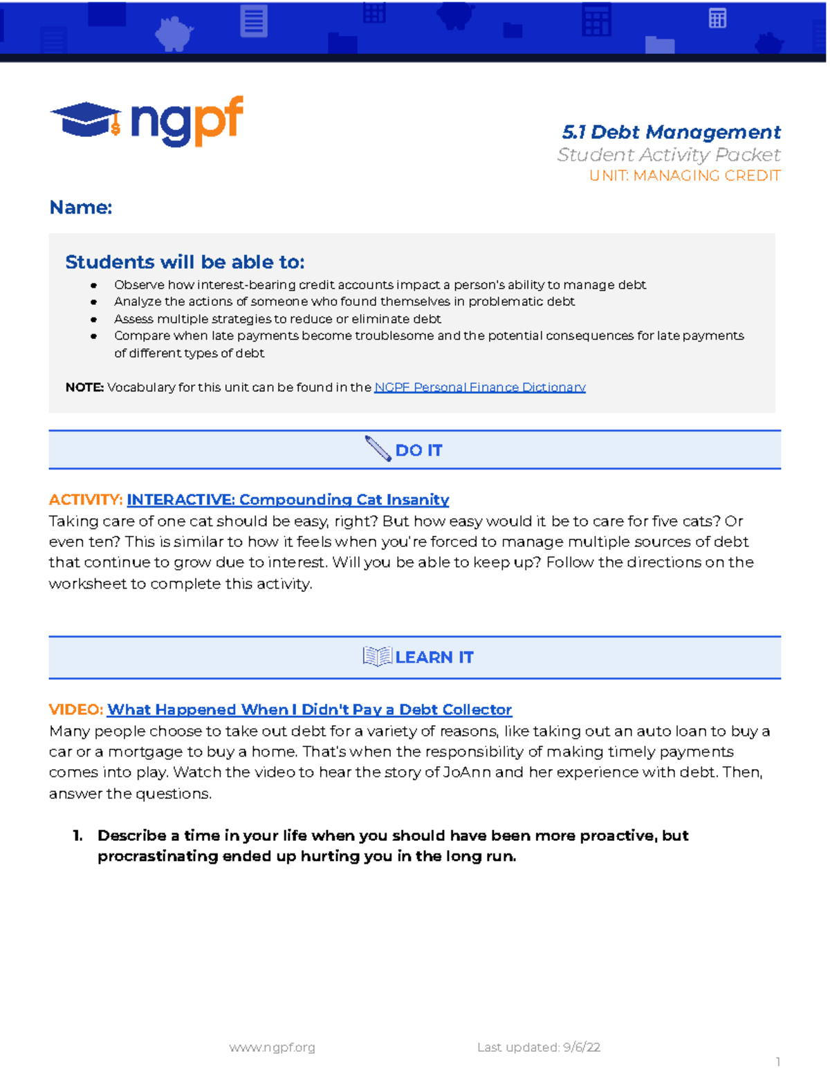 Debt Management Strategies - Student Activity Packet (Unit: Managing ...