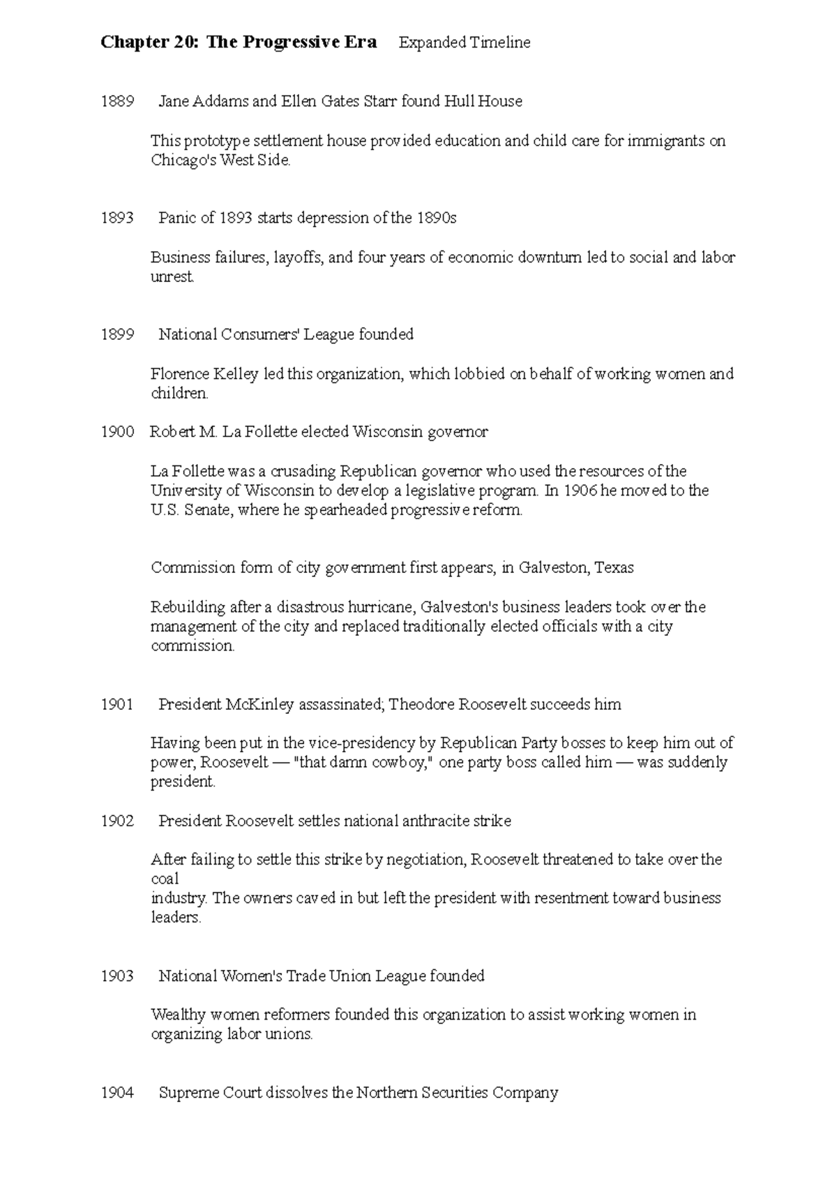 Chapter 20: The Progressive Era - Key Events Timeline Summary - Studocu