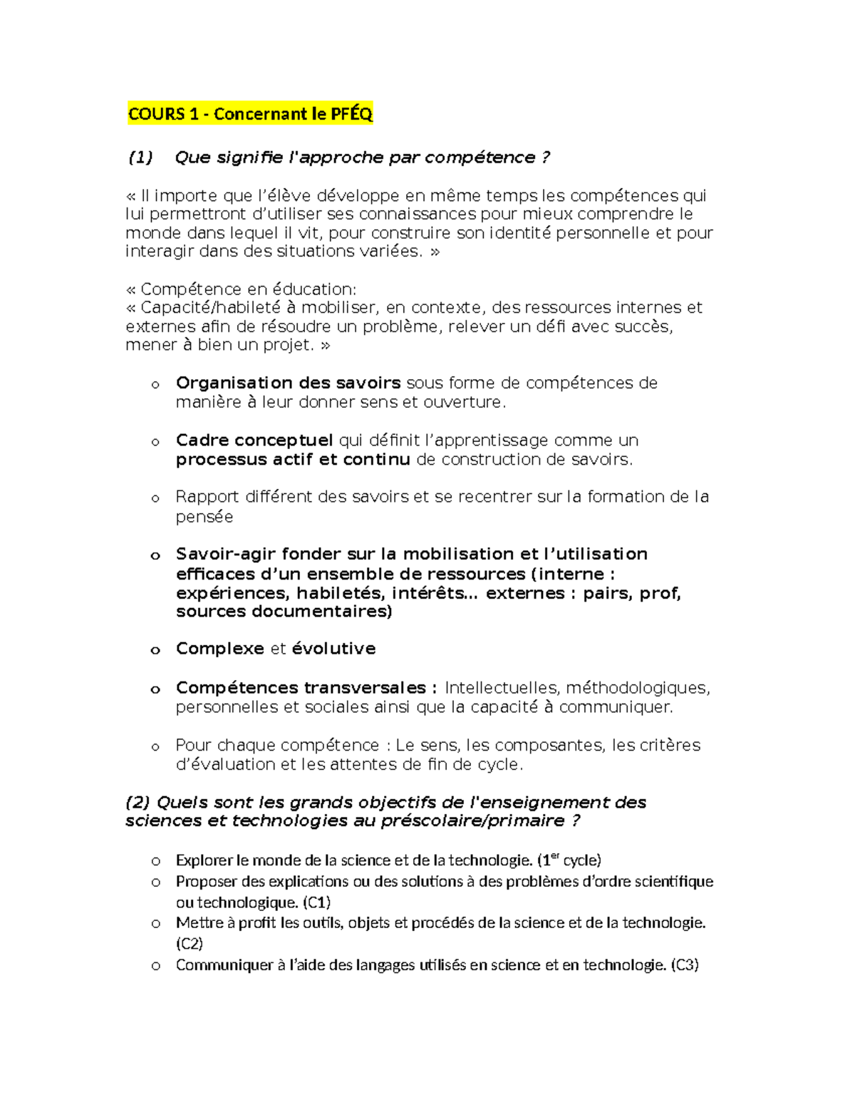 Questions - Lecture Sciences et Technologie pour le PFÉQ - Studocu