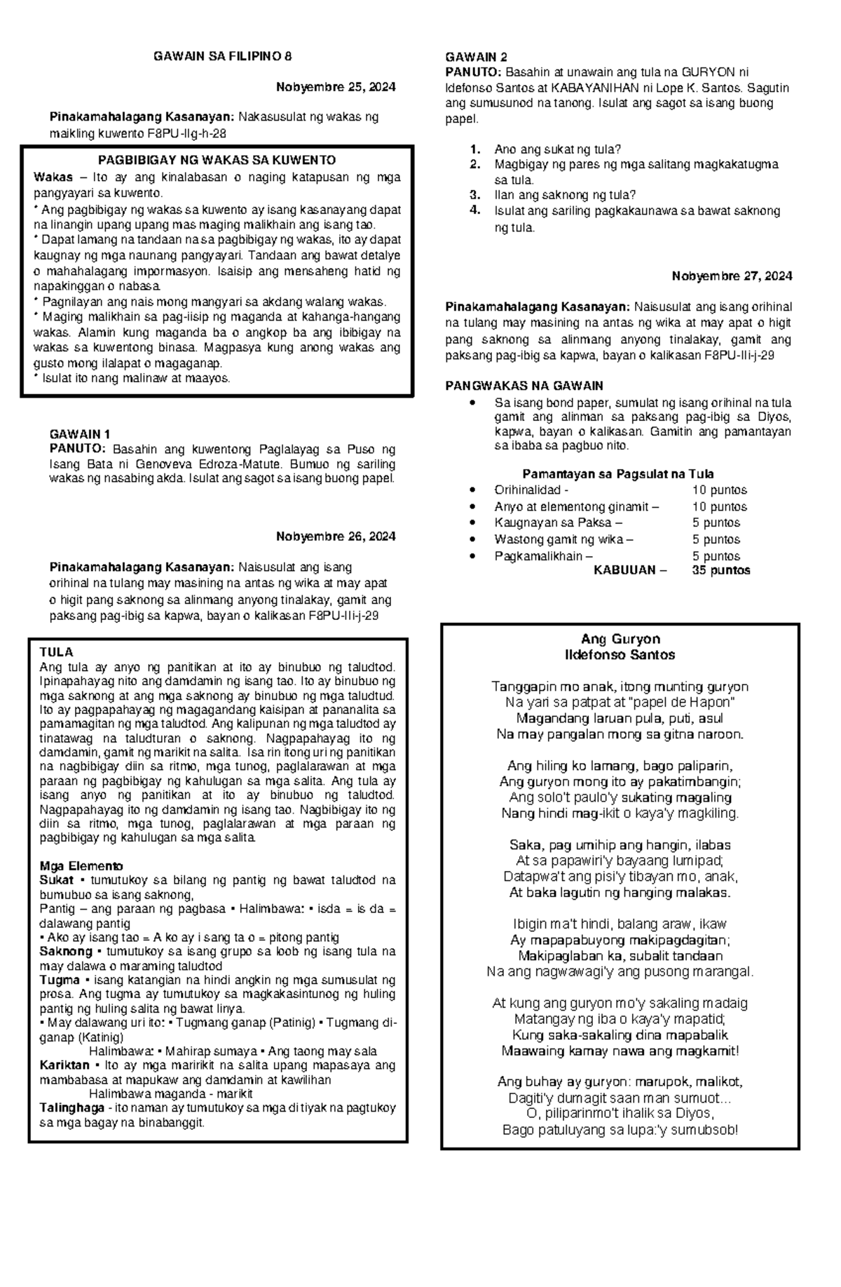 Modular na Gawain - GAWAIN SA FILIPINO 8 Nobyembre 25, 2024 ...