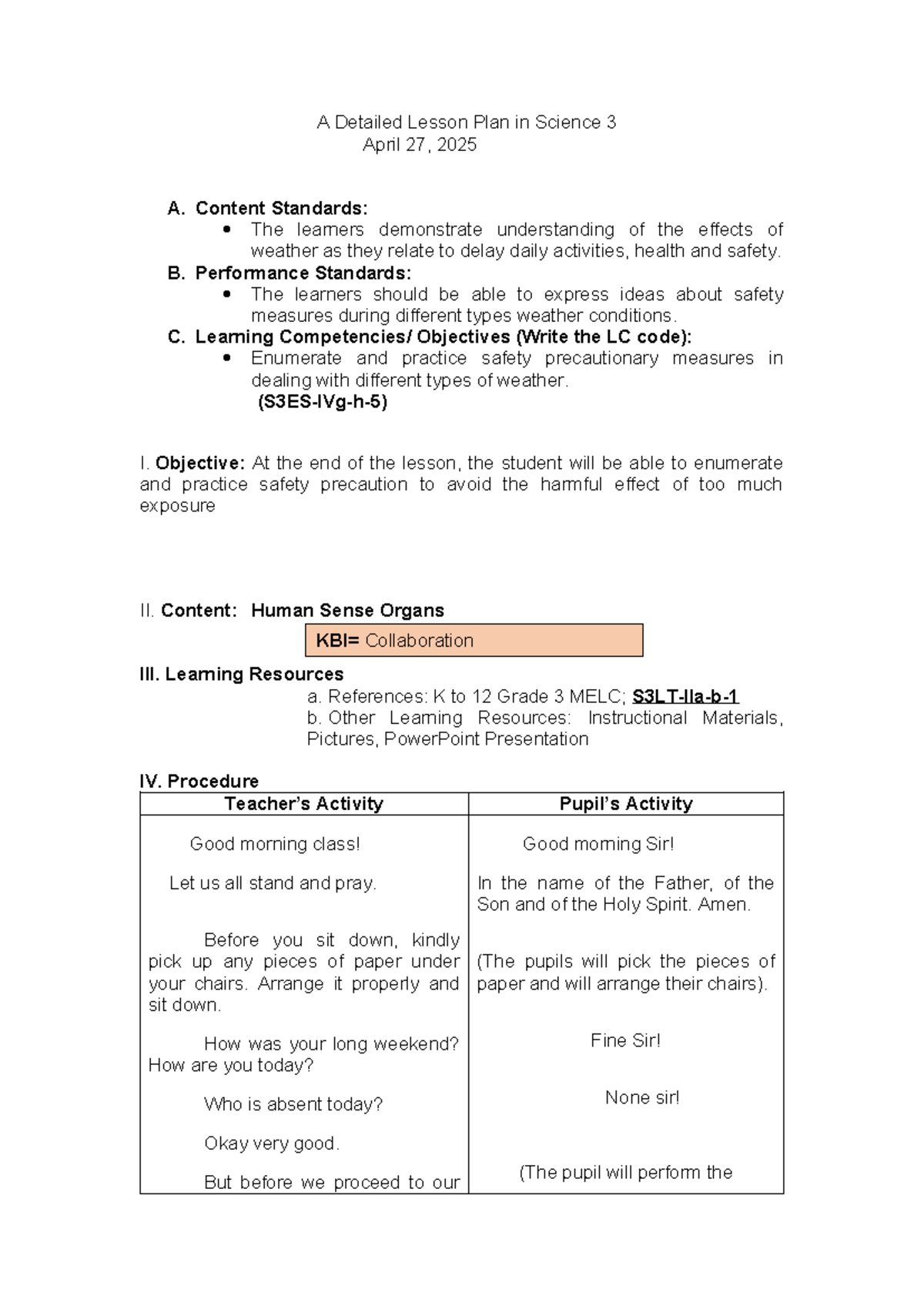 DLP Science 3 Lesson Plan: Understanding Weather Effects and Safety ...