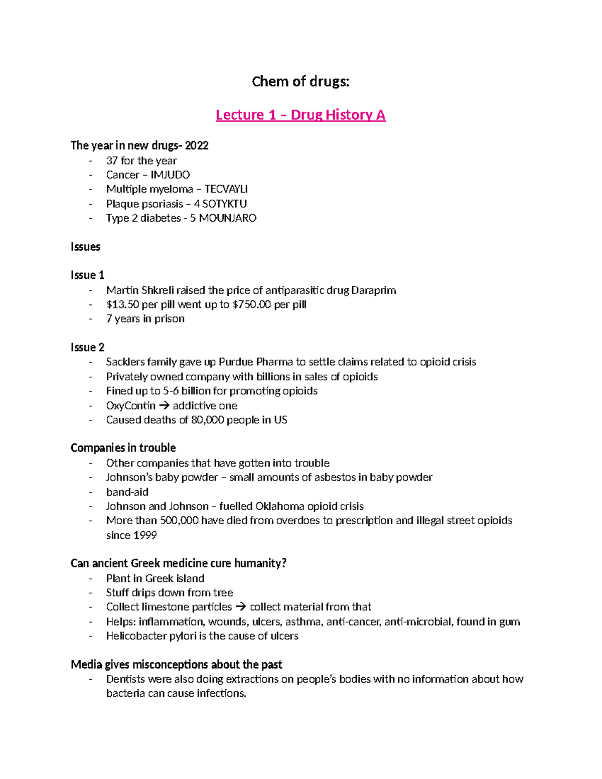 Chem of drugs lecture notes - Chem of drugs: Lecture 1 – Drug History A ...