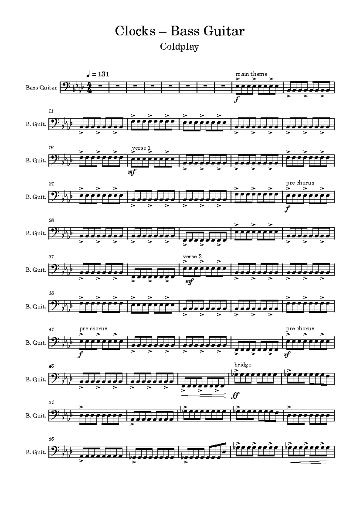 Clocks – Bass Guitar - Music - Coldplay Clocks – Bass Guitar 56 51 46 ...