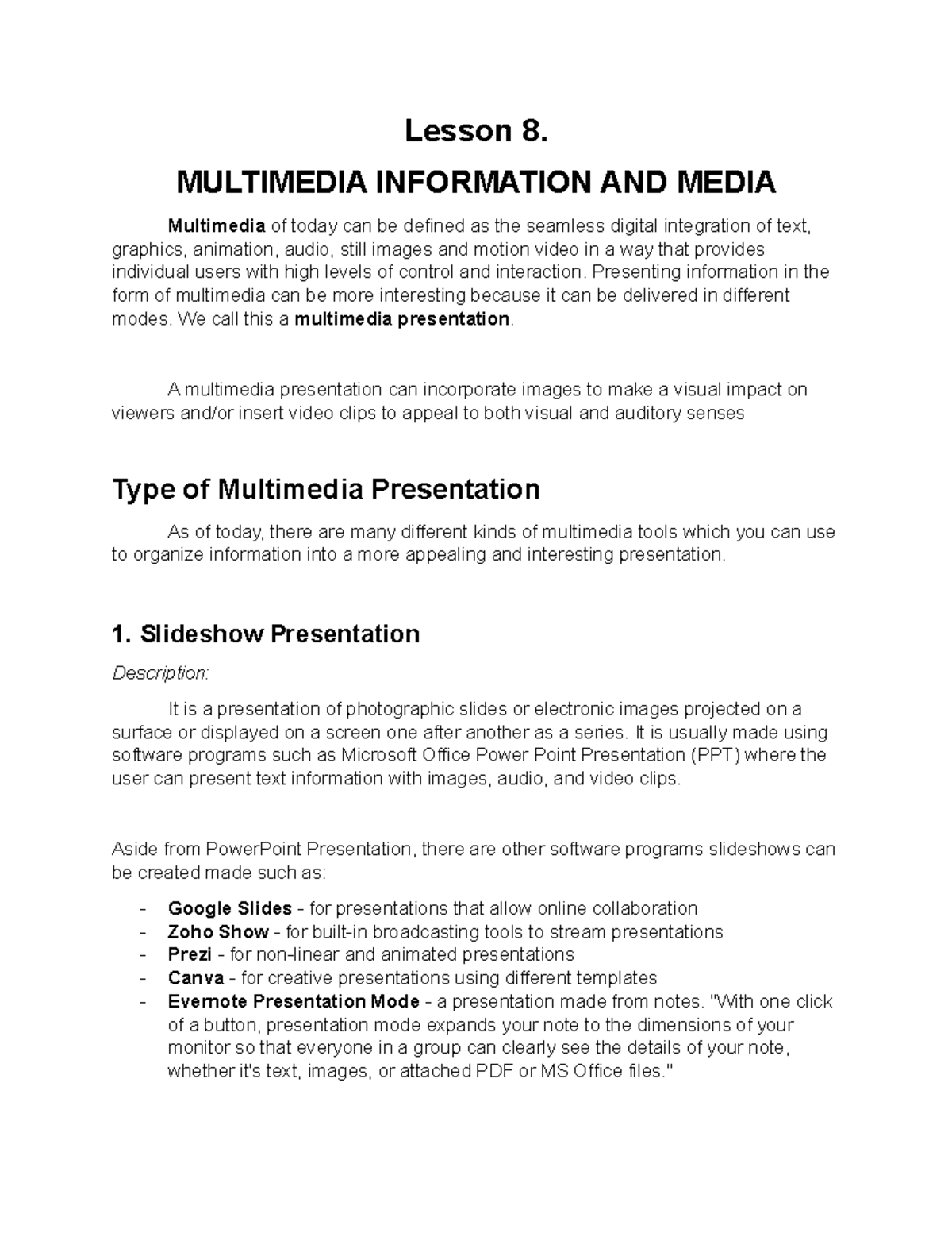 Lesson 8. Multimedia Information and Media Presentations - Studocu