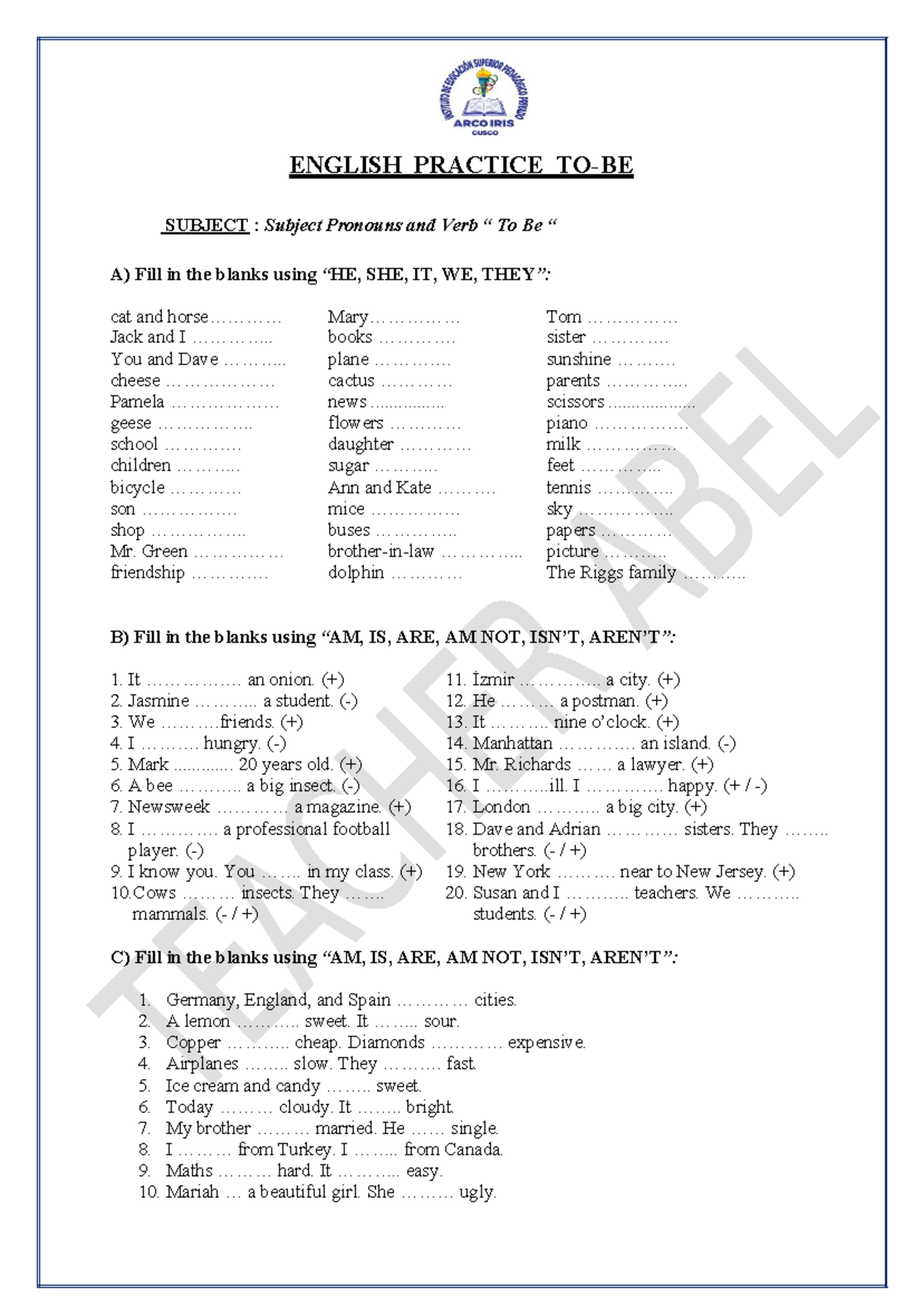 Grammar Practice VI: Subject Pronouns & Verb To Be - Studocu