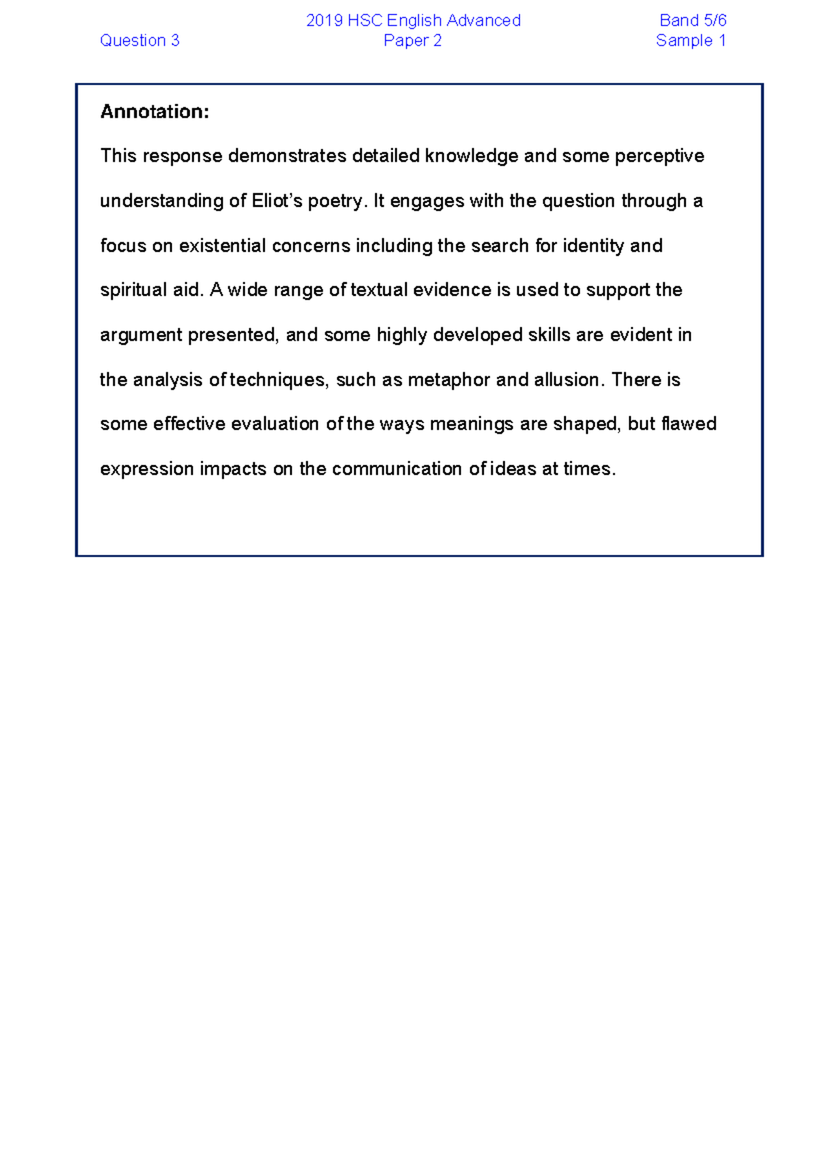 2019 HSC English Adv Paper 2 Q3 Band Sample 1 Analysis - Studocu