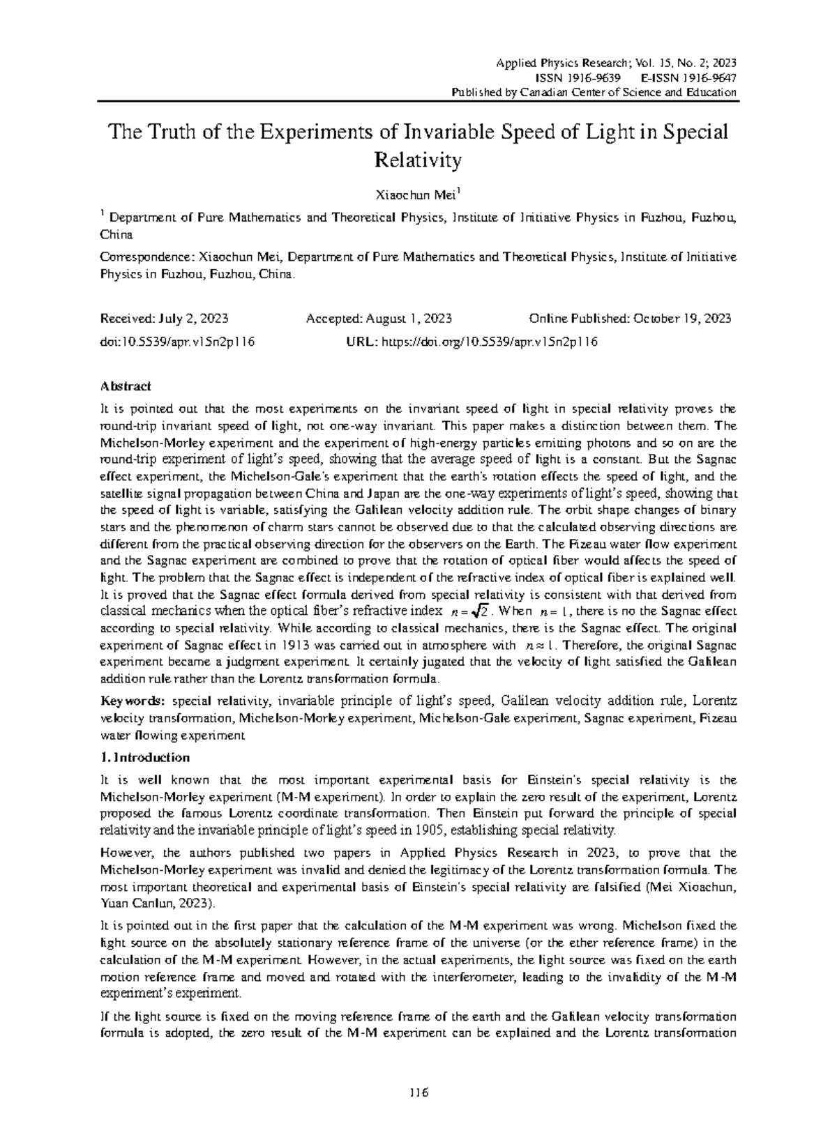 The Truth of Invariable Speed of Light Experiments in Special ...