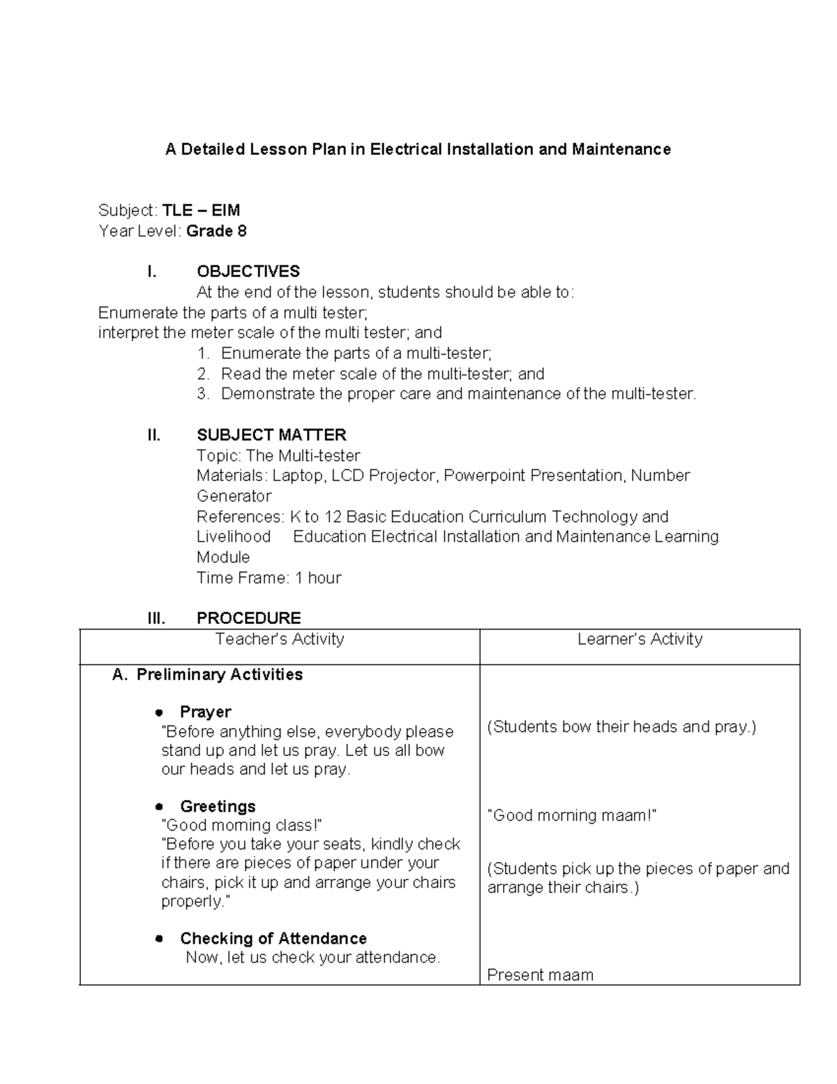 Detailed Lesson Plan: Electrical Installation & Maintenance (TLE EIM ...