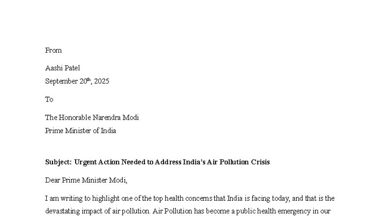 Urgent Letter to PM Modi: Addressing India's Air Pollution Crisis - Studocu