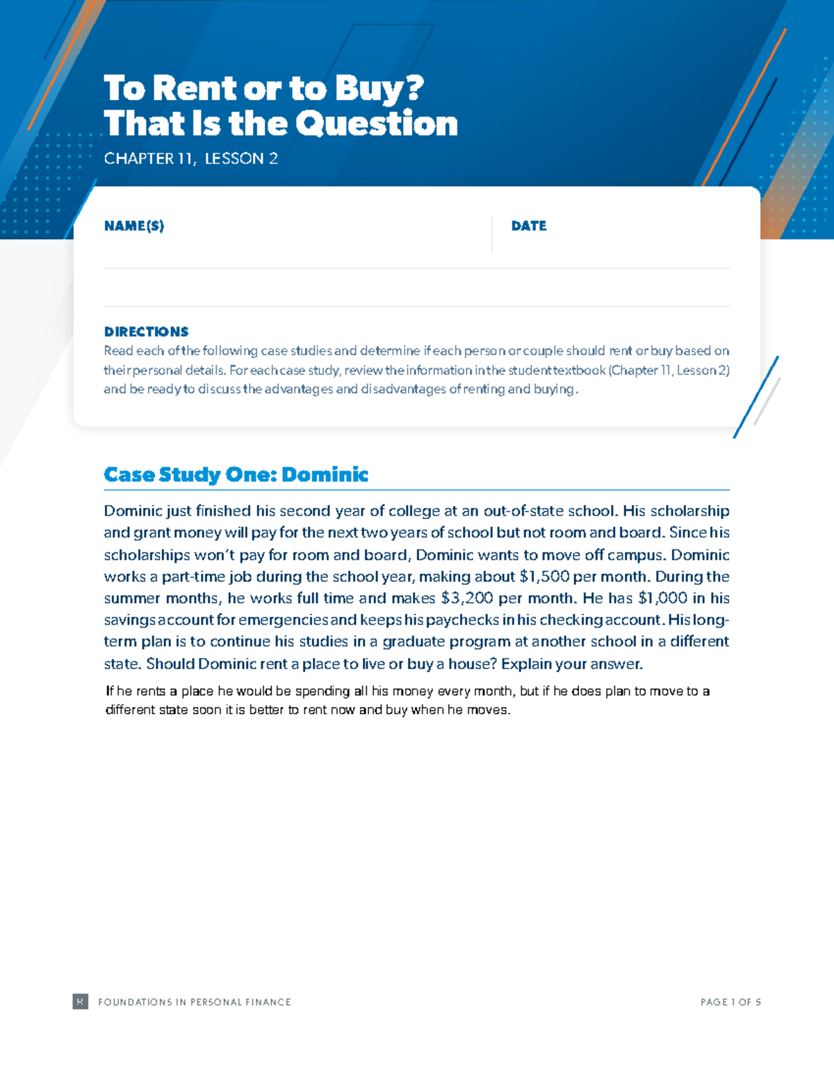 Chapter 11 Lesson 2: Rent vs. Buy Case Studies Analysis - Studocu