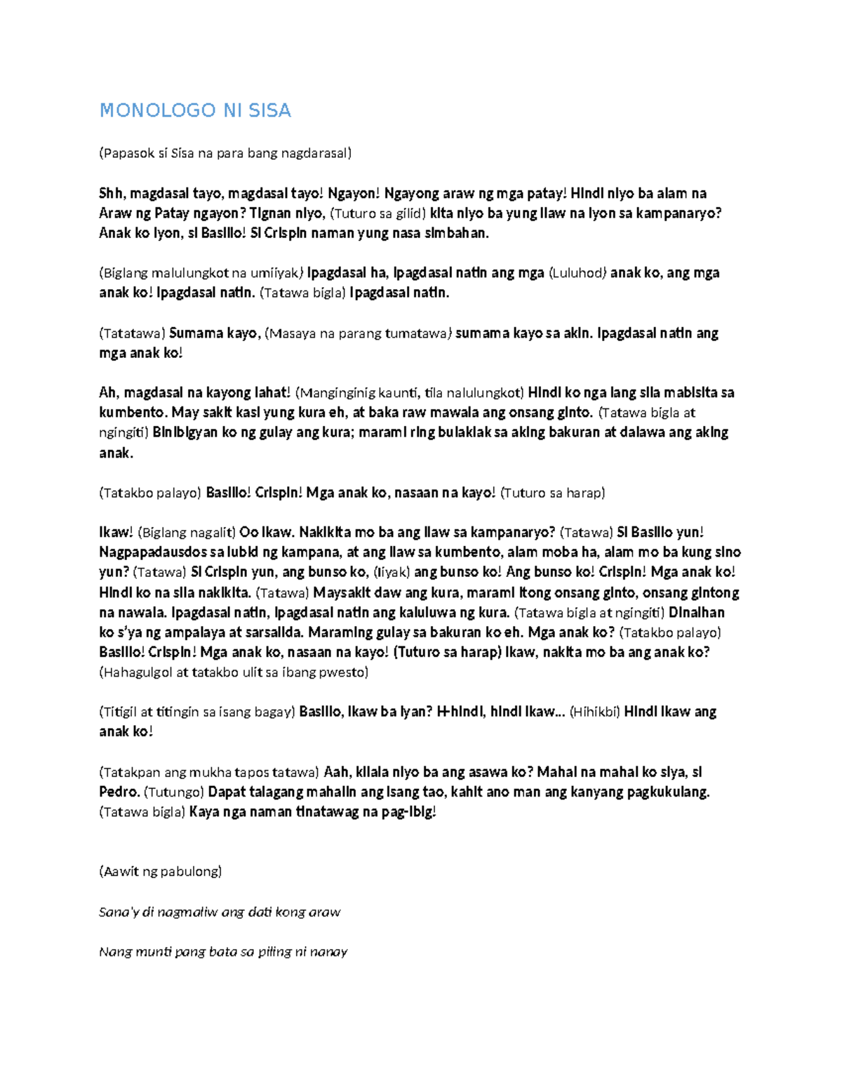 Monologo ni Sisa: Isang Pagsusuri ng Emosyon at Pag-asa - Studocu