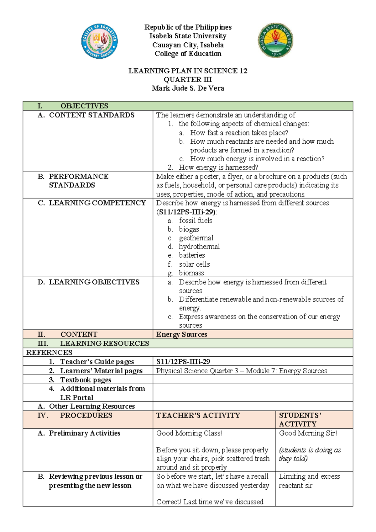 Learning Plan: Energy Sources (S11-12PS-IIIi-29) for Grade 12 Science ...